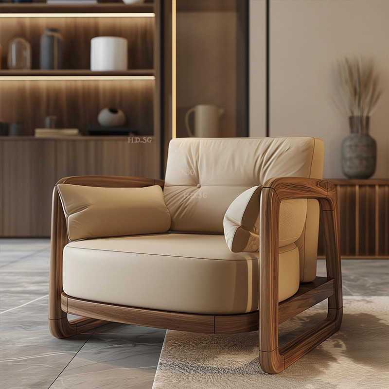 YJG New Solid Wood Single Sofa Chair 2025 New Modern Simple Leather ...