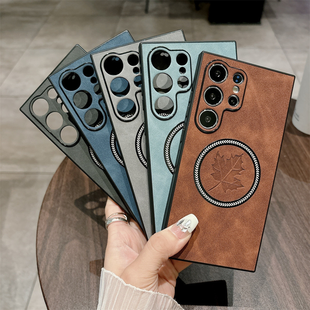 Luxury Magnetic Maple Leaf Pattern Leather Case for Samsung S24 S23 S22 ...
