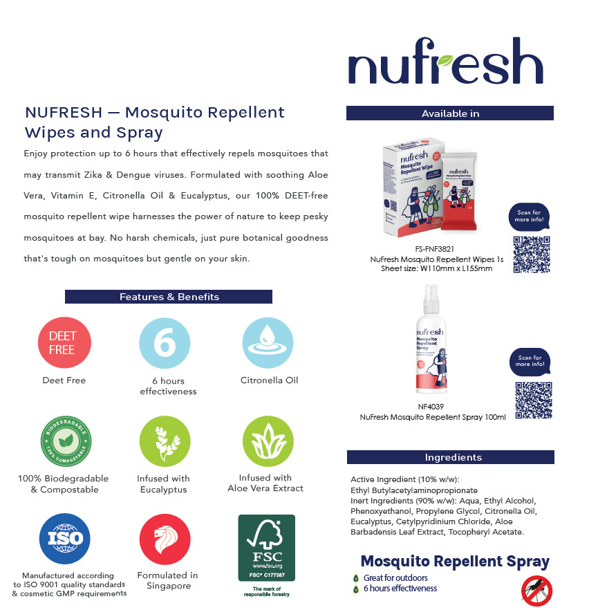 NuFresh Mosquito Repellent Spray 100ml / Mosquito Repellent Wipes 8 pcs ...