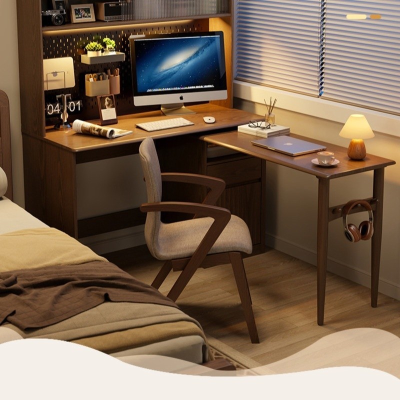 Solid Wood Study Table Rotating Desk with Bookshelf Folding Table ...