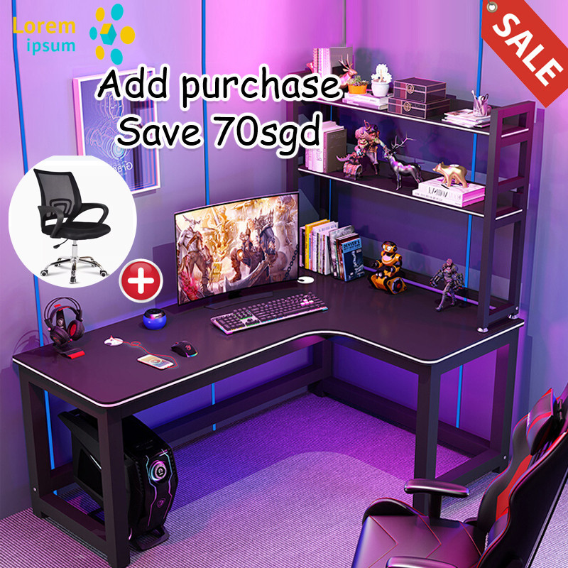 ELE Computer Table Shaped Corner Computer with Bookshelf Gaming E ...