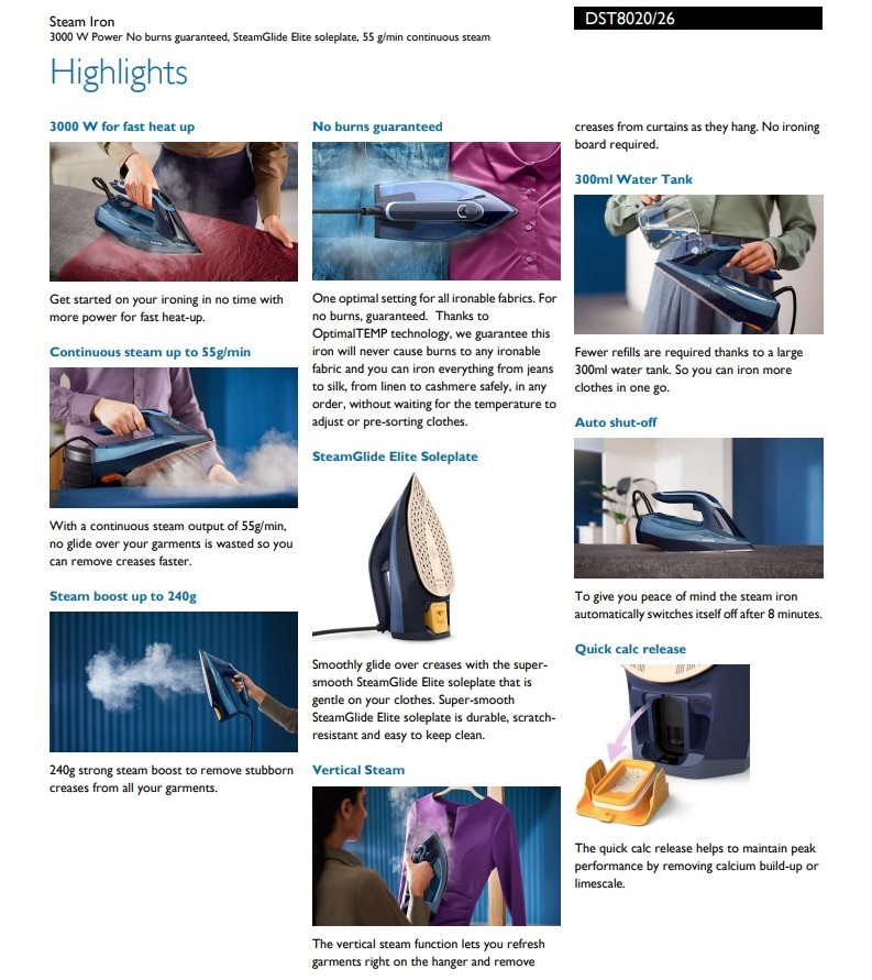 Philips DST8020/26 Azur Steam Iron 3000W 8000 Series | Shopee Singapore