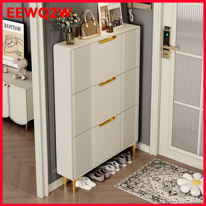 Shoe Cabinet Cream Style Ultra-thin 17cm Corridor Shoe Cabinet Home Wall Storage Double-layer ...