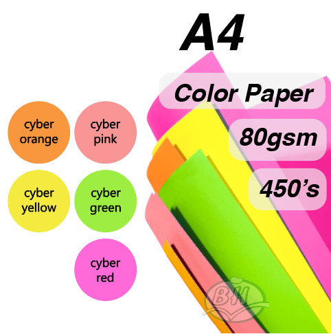 A4 Color Paper (80gsm) 450s/ream (Fluorescent Yellow/Green/Pink/Orange ...