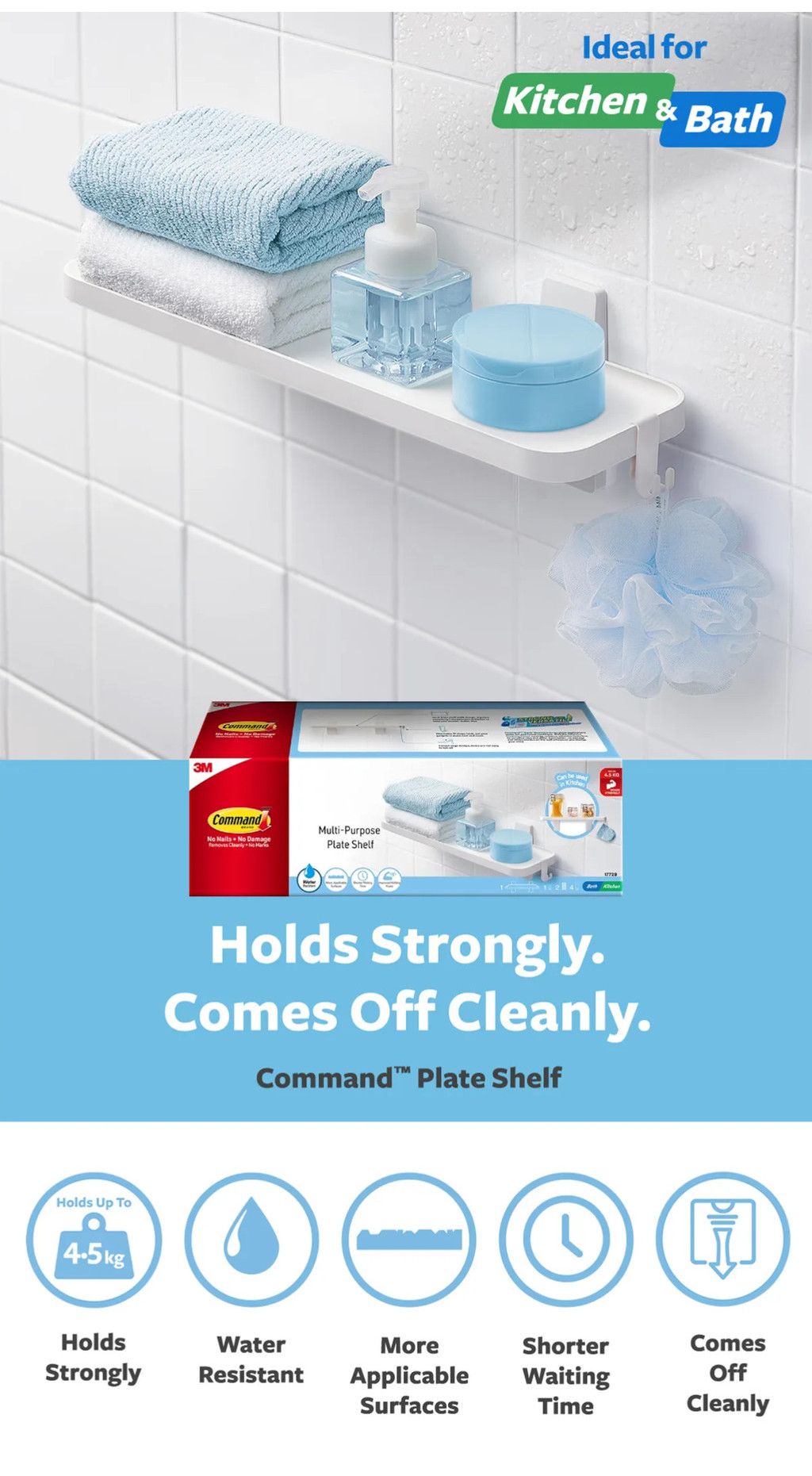 3M Command Bathroom Plate Shelf 17729 Up to 4.5kg Water Resistant ...