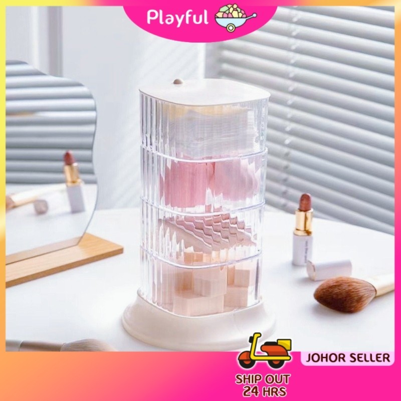【PLAYFUL】Desk Organiser Makeup Puff Box Multi-layers Rotatable Cosmetic ...
