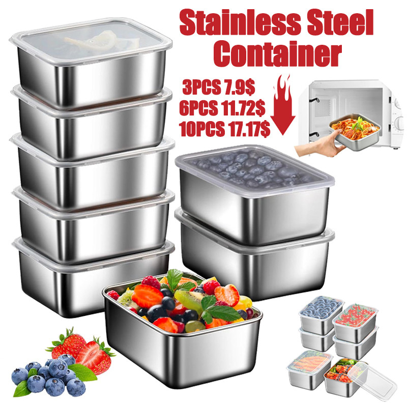 10PCS Stainless Steel Food Container with lid Refrigerator Food Storage ...