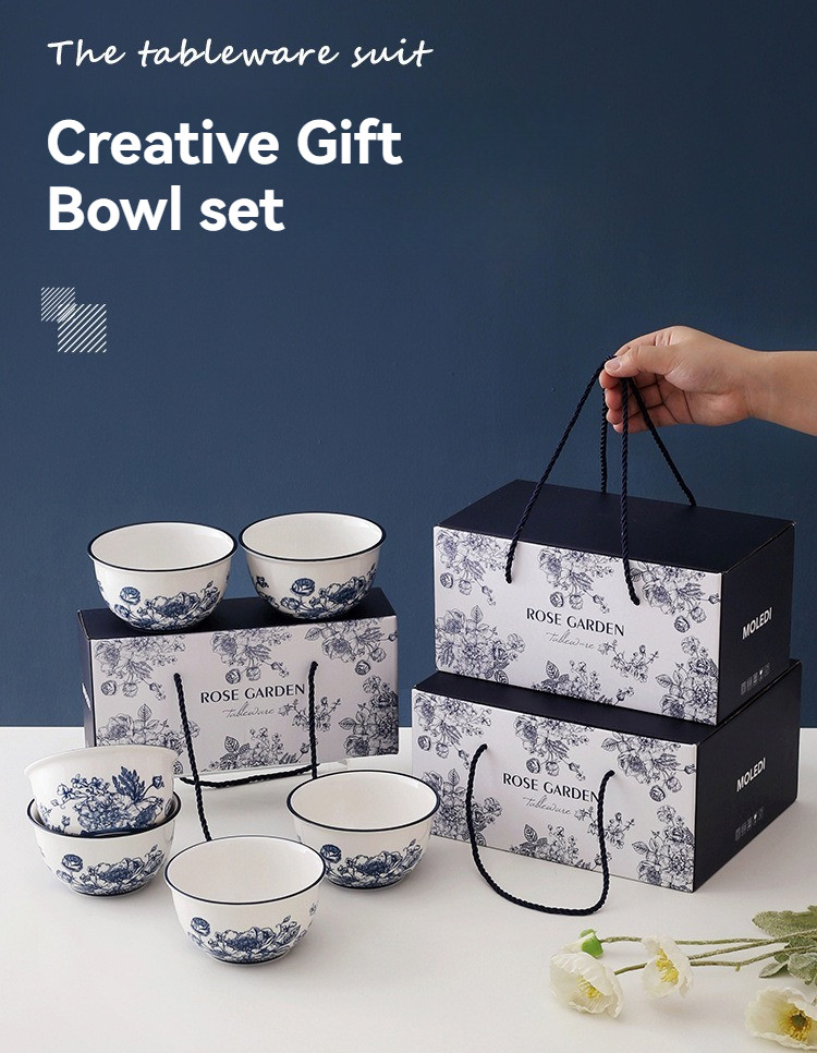 Rose Blue and White Porcelain Bowl Gift Set New Home Use Tableware Gift ...