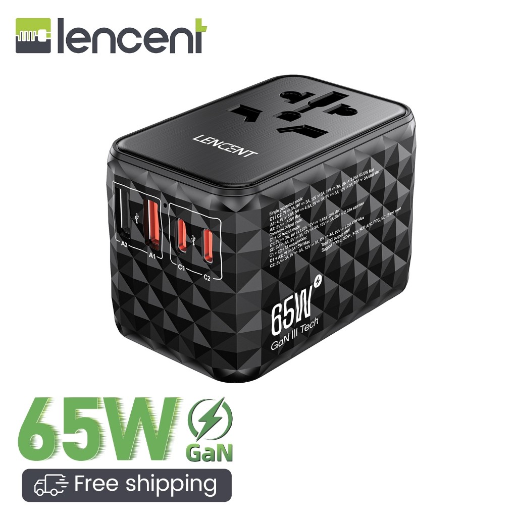 in stock LENCENT GaN 65W Universal Travel Adapter International Fast Charger 2 USB-A & 2 USB-C ...