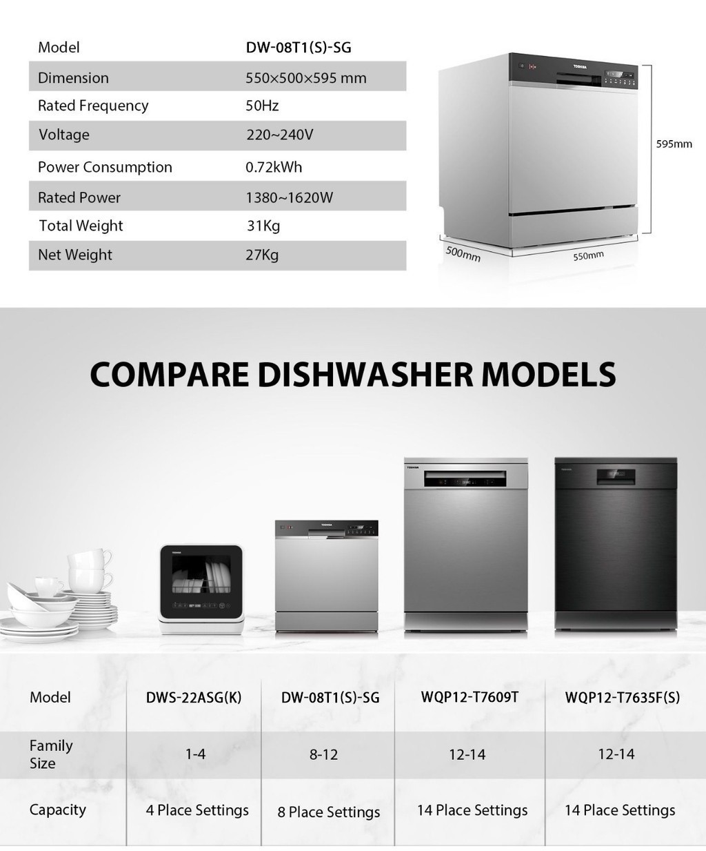 Toshiba DW-08T1(S)-SG Cool Grey Compact Tabletop Self Cleaning ...