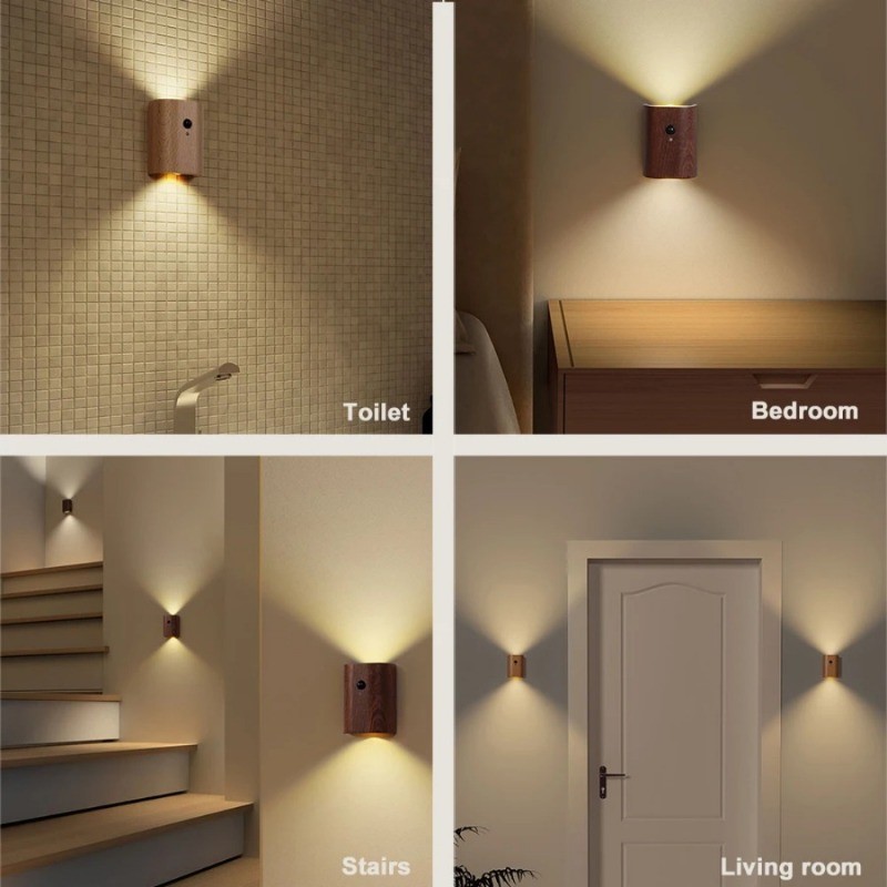 Linkage Wooden Motion Sensor Night Lights USB Rechargeable Wireless LED ...