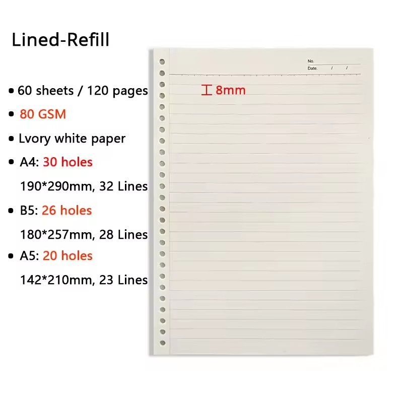 60Sheet Replaceable Refill Loose Leaf Notebook A4 A5 B5 Spiral Binder ...
