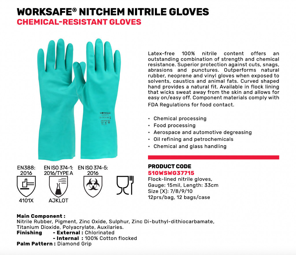 WORKSafe G37715 Nitchem Nitrile Chemical Resistant Gloves, Latex Free ...