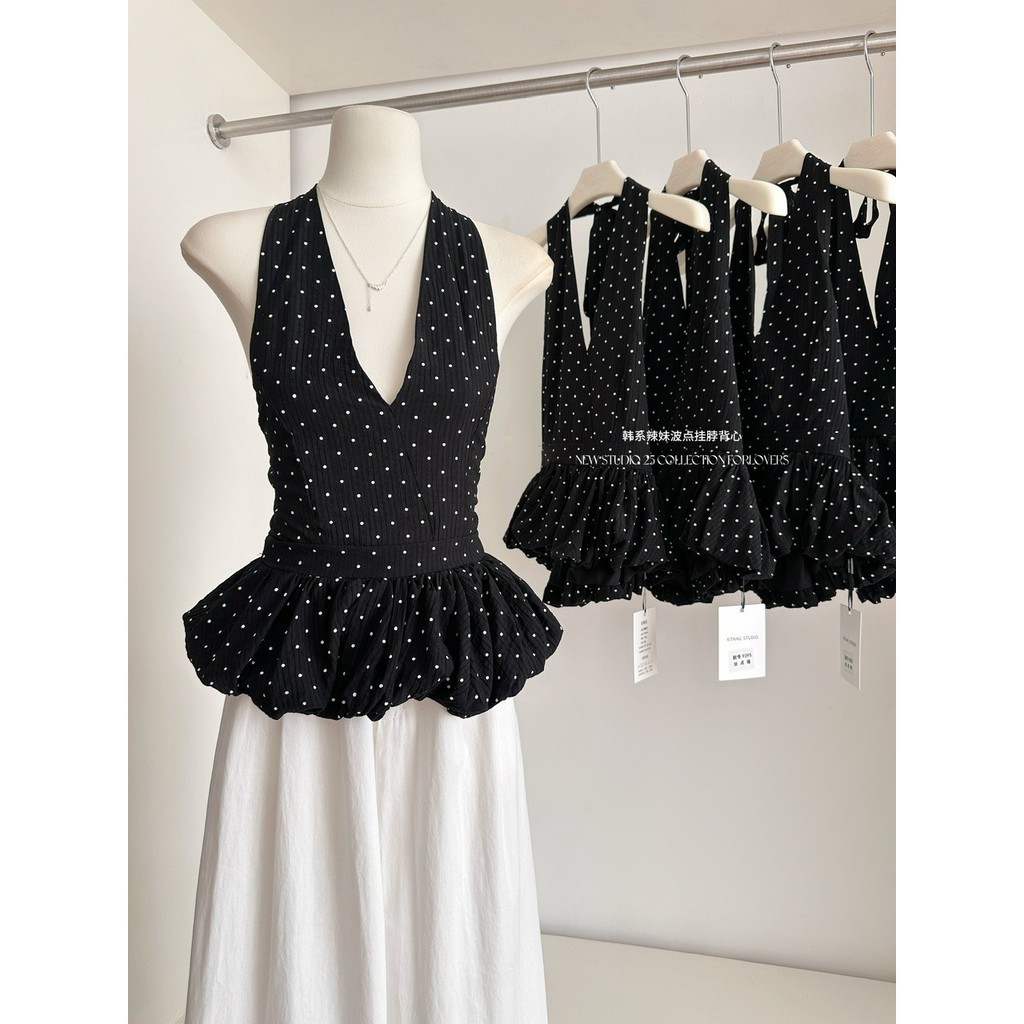 86003 All-Match Halter Halter Neck Polka Dot Narrow Waist Sling Women ...