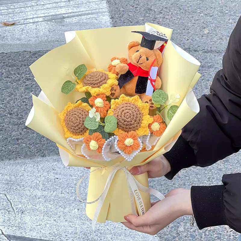 Cute Handmade Bear Sunflower Bouquet Creative Crochet Flowers Bouquets ...