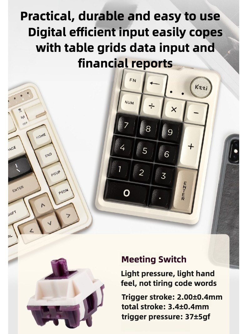 KZZI K20 Wireless 2.4g Bluetooth Digital Mechanical Numeric Keypad RGB Hot Swap Girls Portable ...