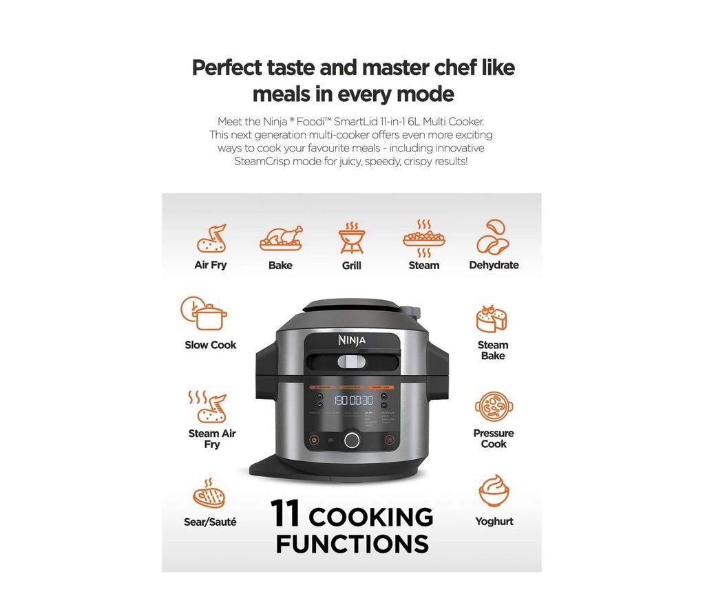 Ninja OL550 Foodi 11 in 1 SmartLid Multi cooker in one pot with 6L ...