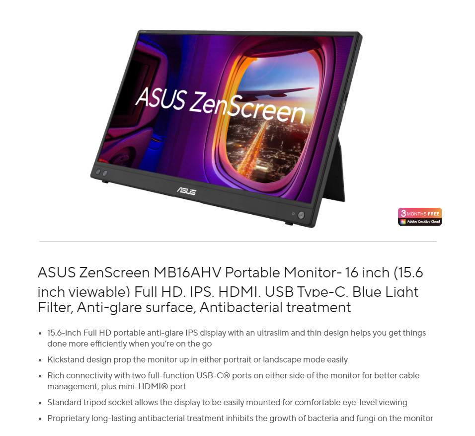 ASUS ZenScreen MB16AHV Portable Monitor - 15.6", Full HD, IPS, Mini ...