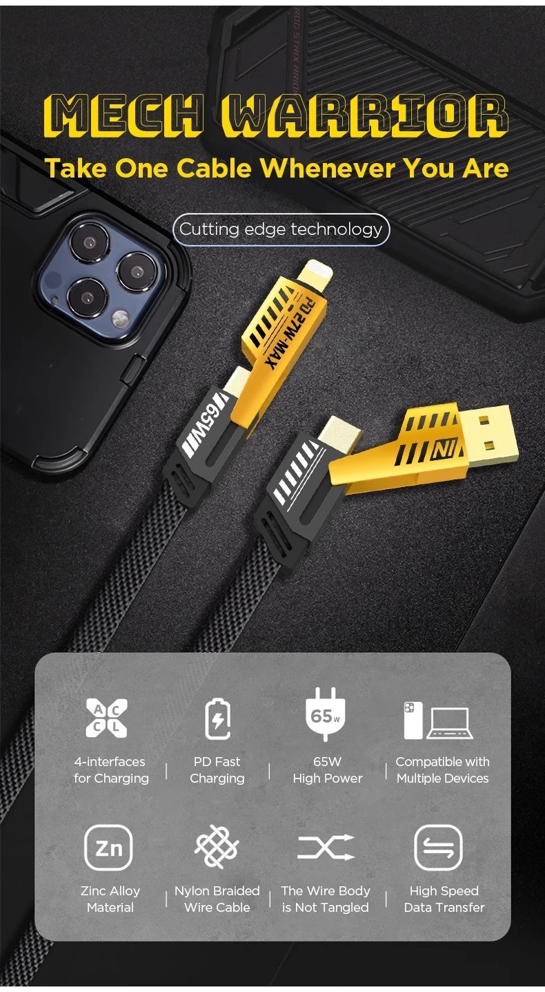 TZUZL 2024 NEW 4 in 1 max 65W Cable USB to Type C Mecha Style PD27W ...