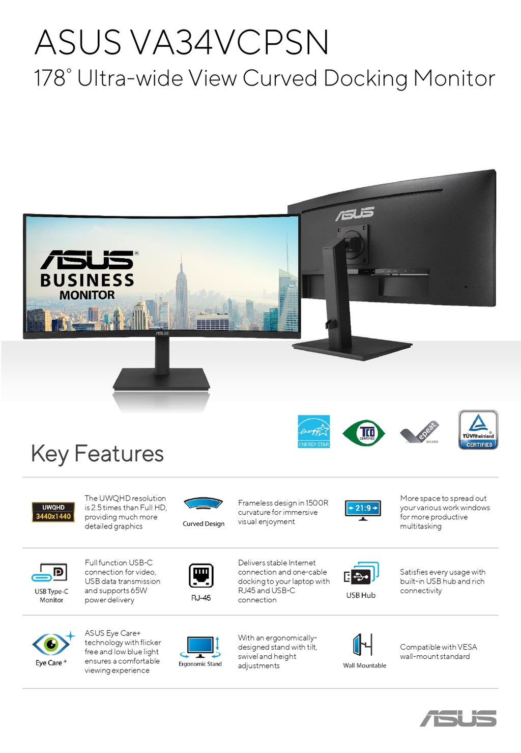 ASUS VA34VCPSN Ultra-wide Eye Care+ Curved Docking Business Monitor ...