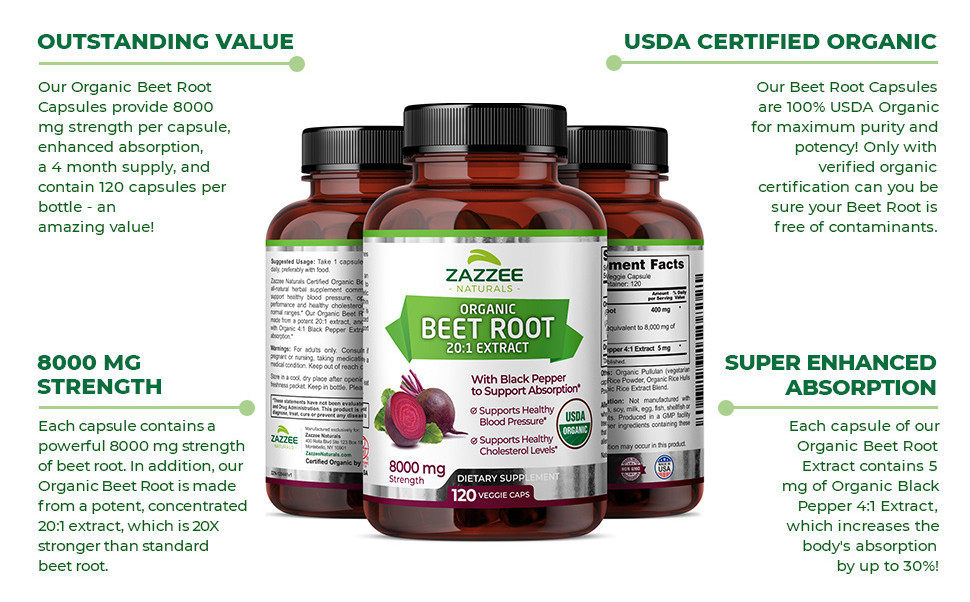 Zazzee Organic Beet Root 800mg [4 Mths] Lower blood pressure Support ...