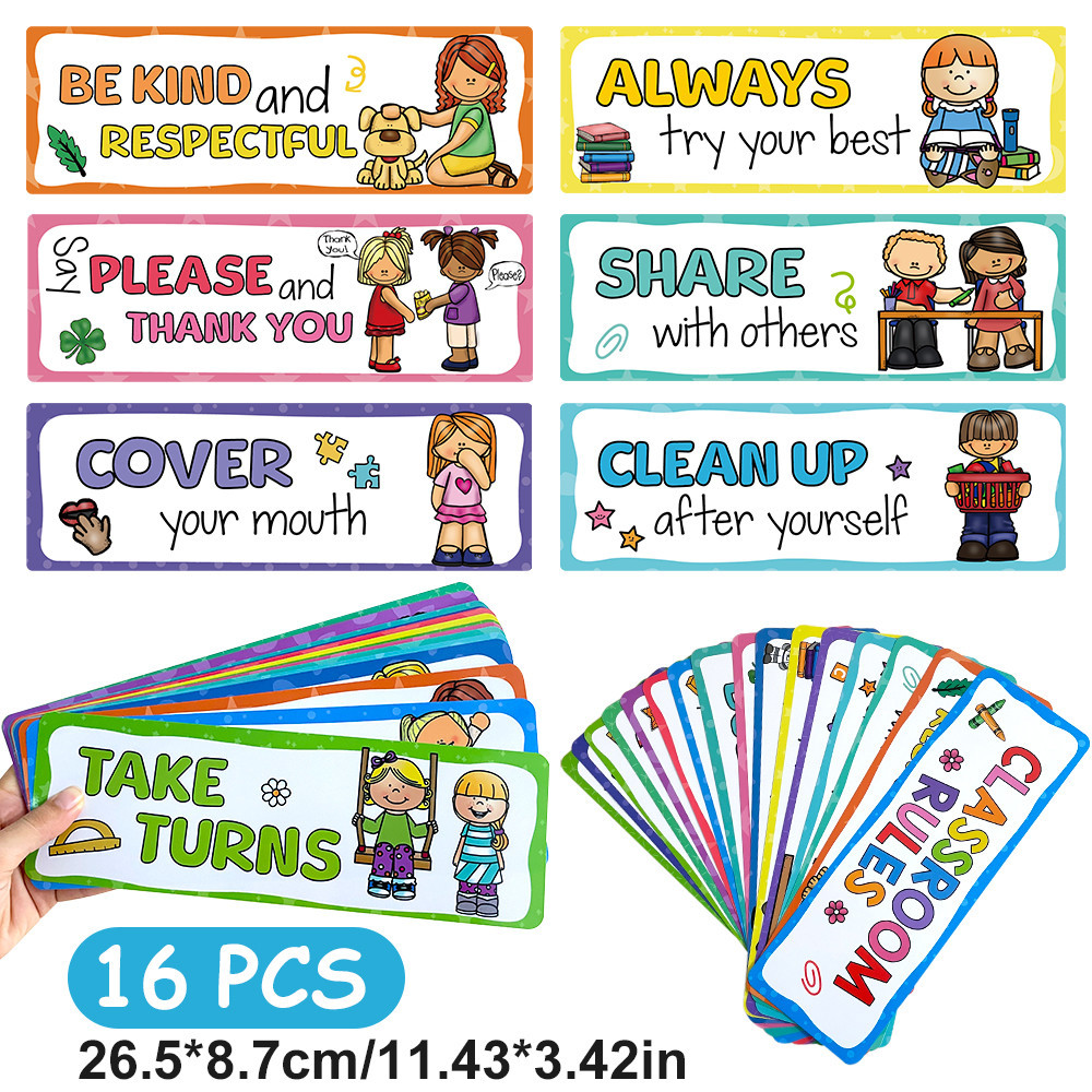16Pcs Classroom Rules English Bulletin Posters Kids English Learning ...