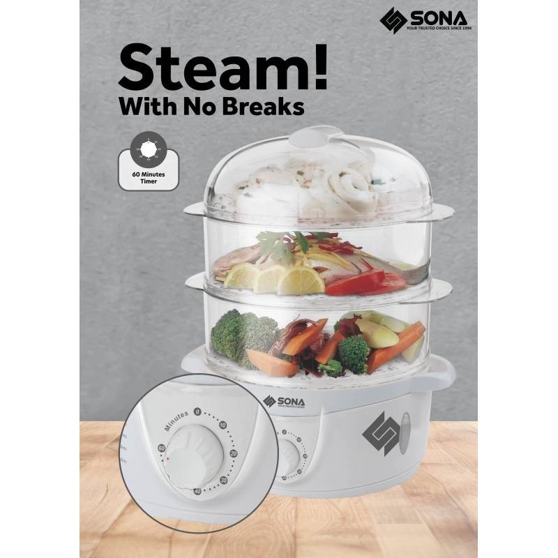 Sona 9.0L (3 Tier) Electric Steamer SSR2046 Removable Steam Tray Water ...