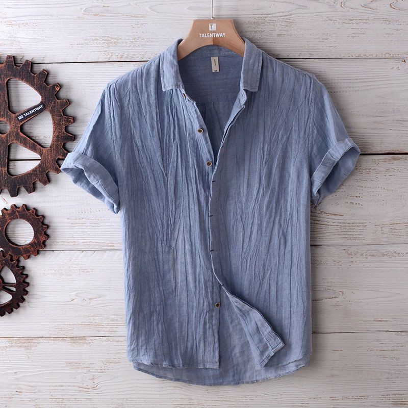 2024 Japanese Retro Linen Short-Sleeved Shirt Men's Summer Casual Thin ...