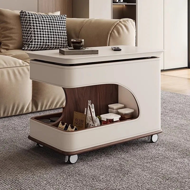 Solid Wood Edge Table Mobile Lift Sofa Table Movable Leather ...