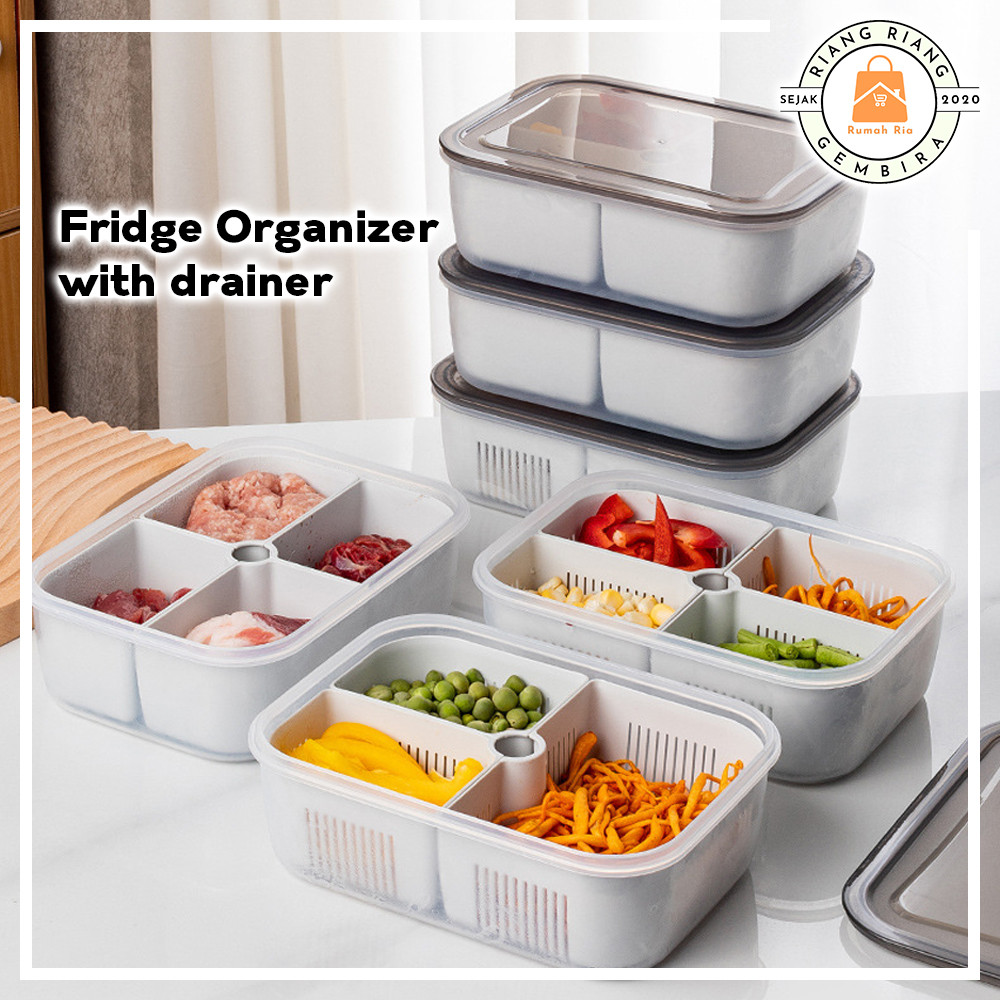 Refrigerator Storage Box Fridge Organizer Stackable Food Prep Container with Divider Bekas Peti ...