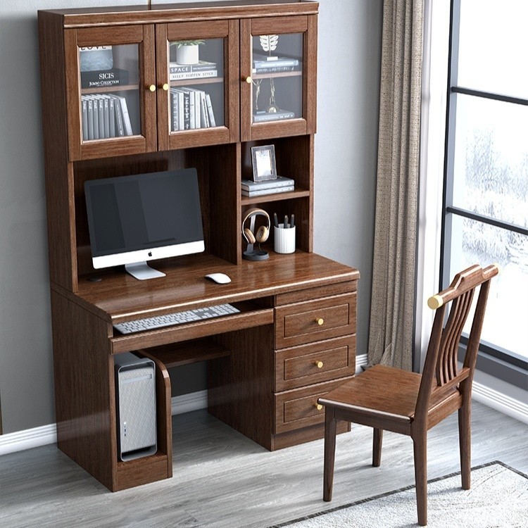 Solid Wood Table With Bookshelf Walnut Wood Table Computer Desk Study ...