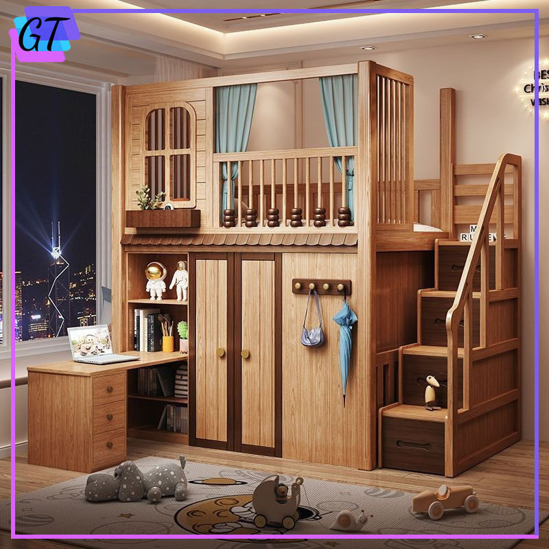 Loft Bed Solid Wood Desk Wardrobe Bed Integrated Storage Large Space ...