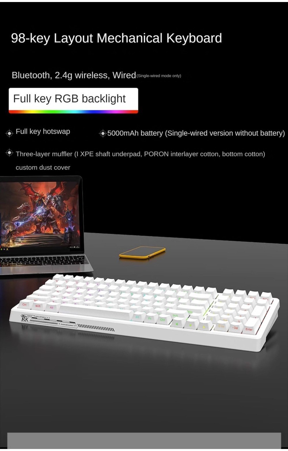 RK G98 Wireless 2.4g 3-mode Bluetooth Mechanical Keyboard RGB Hot ...