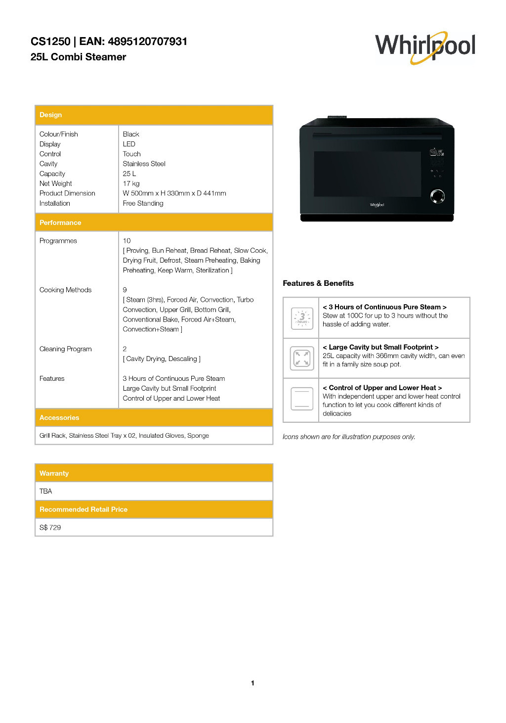 Whirlpool CS1250 Freestanding Convection Combi Steamer Oven 25L ...