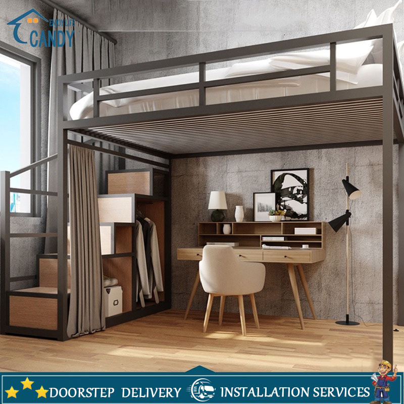 Custom loft bed wrought iron elevated bed space saving loft style ladder ZX | Shopee Singapore
