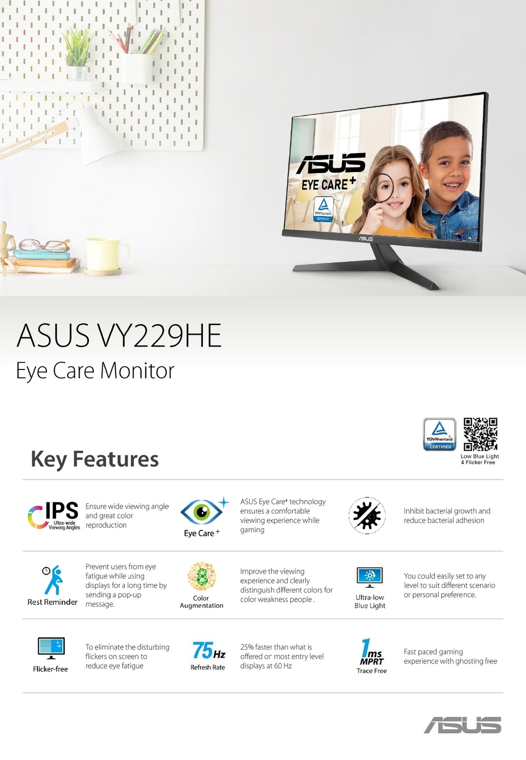 ASUS VY229HE Eye Care Monitor - 22", Full HD, IPS, 75Hz, 1ms, Eye Care Plus, Adaptive Sync, Blue ...