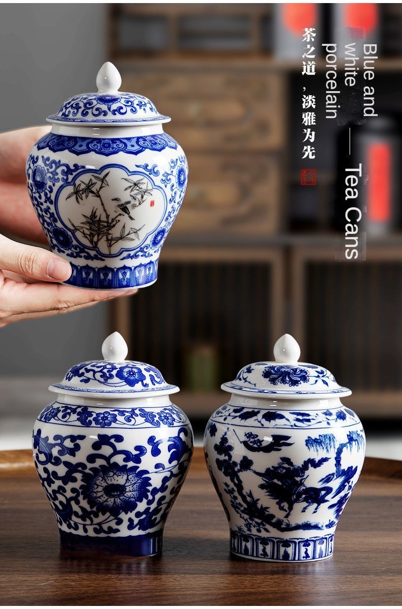 Ceramic Blue and White Tea Cans Temple Jar Retro Chinese Sealed Cans ...