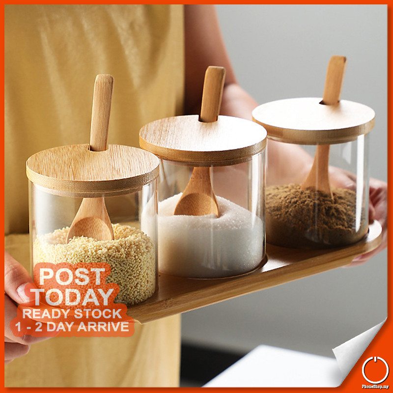 SEAMLESS SERVING 3 In 1 Condiment Jar Set Wooden Spoon Seasoning Spices ...
