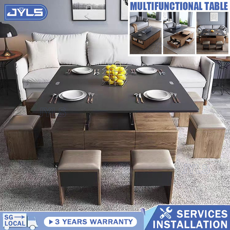 JYLS Coffee Table Set With Stools Assambled Multifunction Foldable TV ...