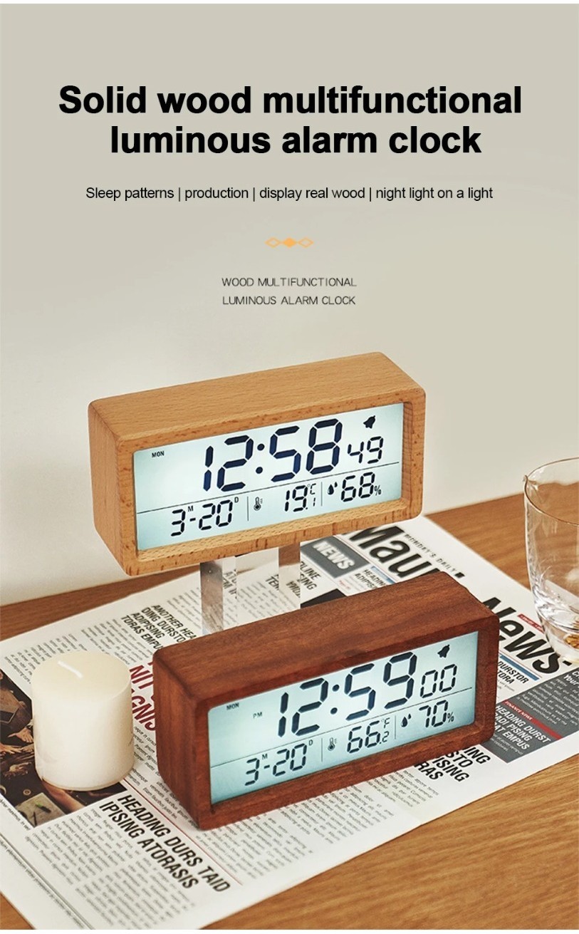 LED Wooden Digital Alarm Clock Multifunctional Large Screen Date ...