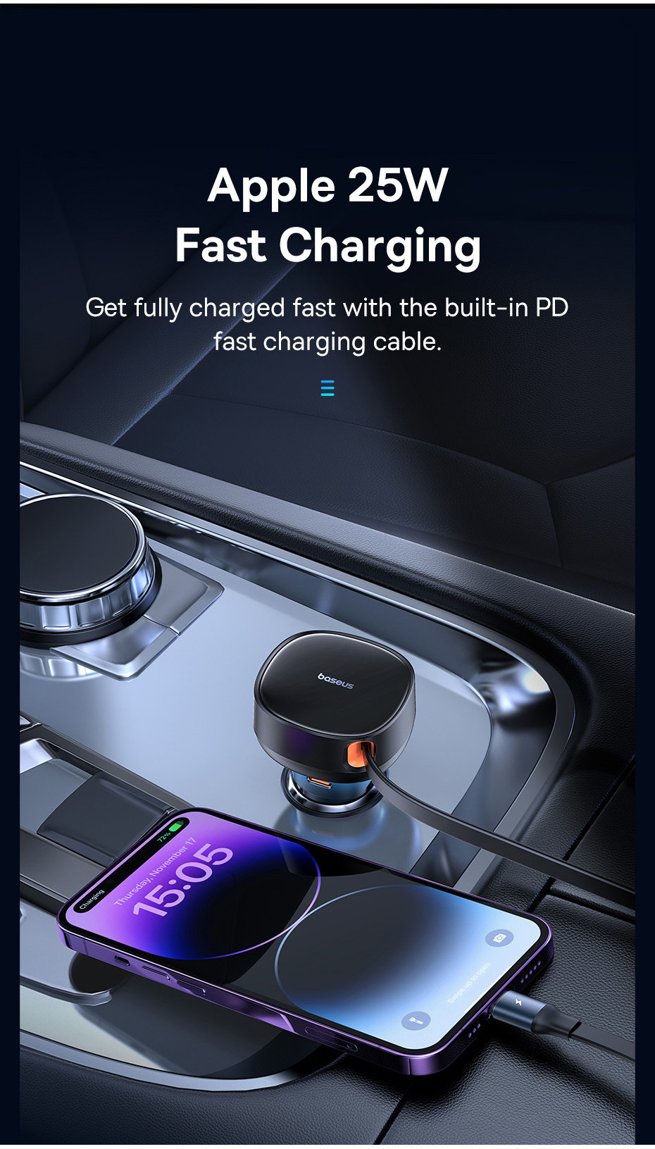 Baseus 60W Car Charger Built-in Retractable Fast Charging Type-C & IP ...