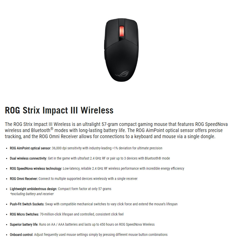 ASUS ROG Strix Impact III Wireless Gaming Mouse - Ultralight 57g, 36000 ...