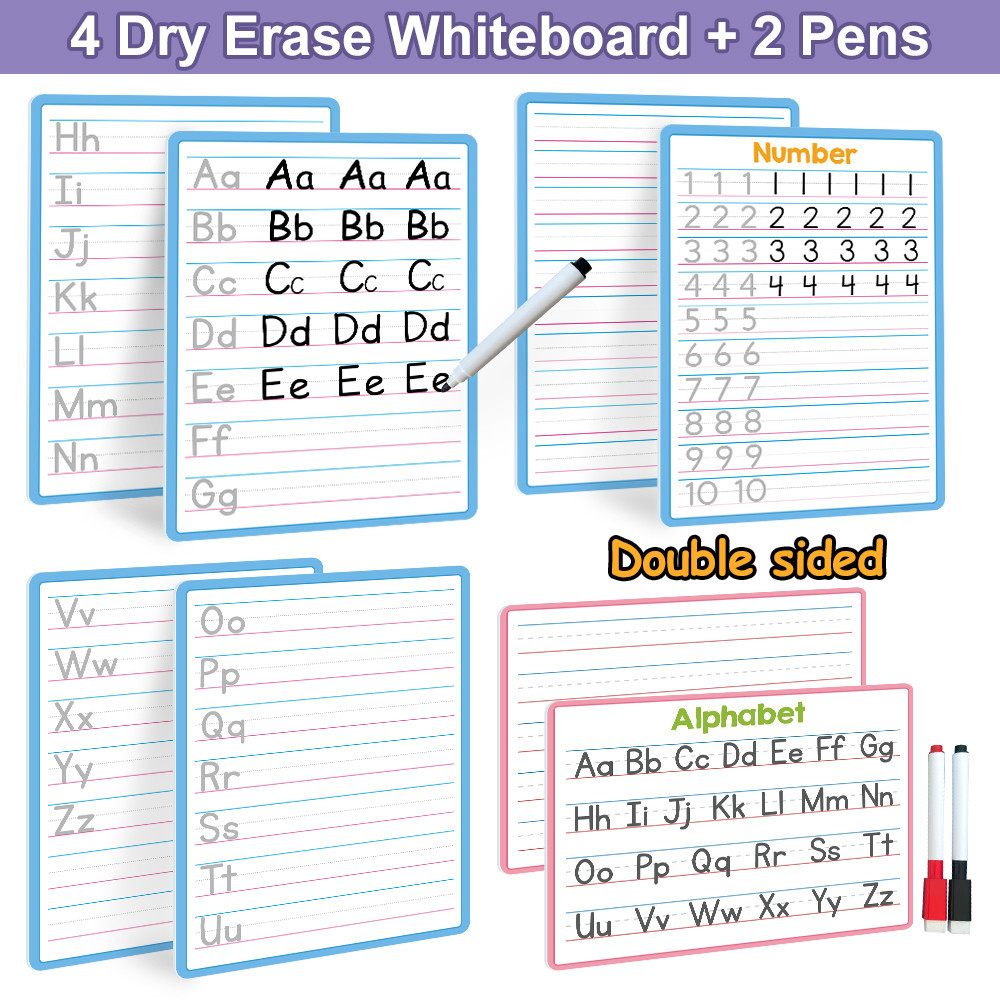 4-Piece Double Sided Kids Dry Erase Whiteboard Set - Alphabet & Number ...