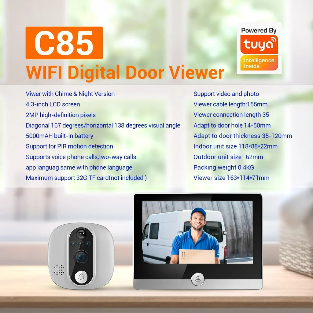 C85 Tuya Smart WiFi Video Doorbell 1080P Peephole Camera with 4.3inch ...