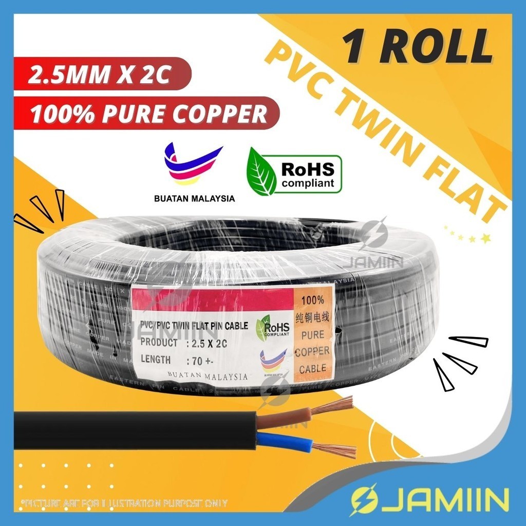 1 ROLL TWIN FLAT CABLE PIN WIRE 2.5 MM X 2C PVC/PVC SHEATHED CABLE WIRE ...
