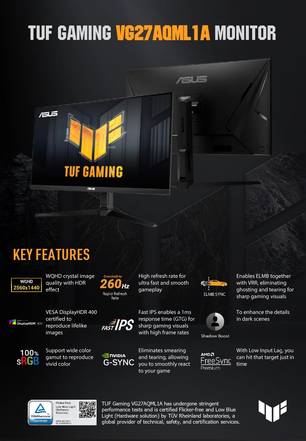 ASUS TUF Gaming VG27AQML1A Gaming Monitor - 27" QHD, 260Hz OC, 1ms GTG ...