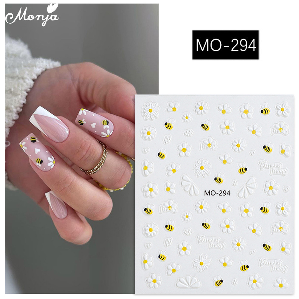 Monja 3D Embossed Yellow Flower Bee Nail Stickers Relief Self-adhesive ...