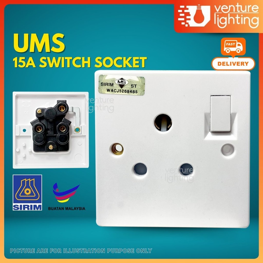 (1 PC) UMS 15A Switch Socket 250V AC 1 Gang Switched Socket Outlet ...