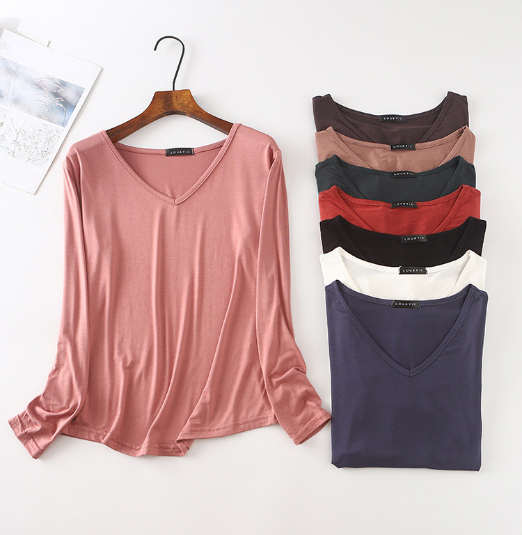 Women Tshirts Plain modal long Sleeves T shirts Loose V Neck Plus Size ...