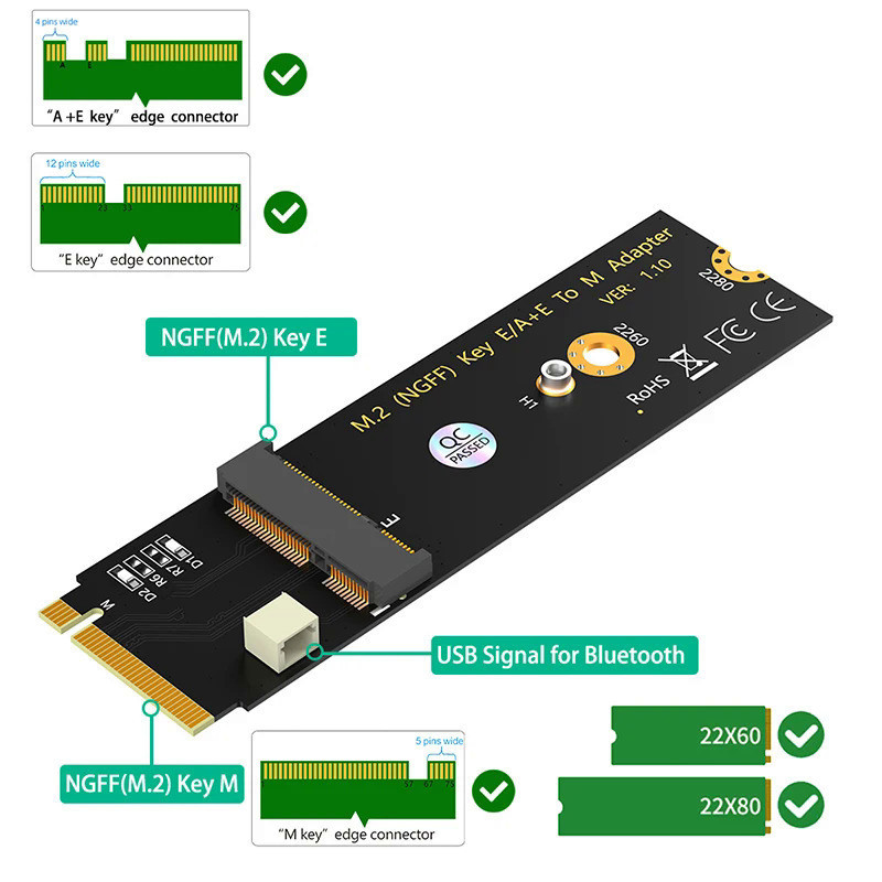 M2 NGFF A+E key WiFi Bluetooth Card to M2 Key M Adapter Card for Intel ...